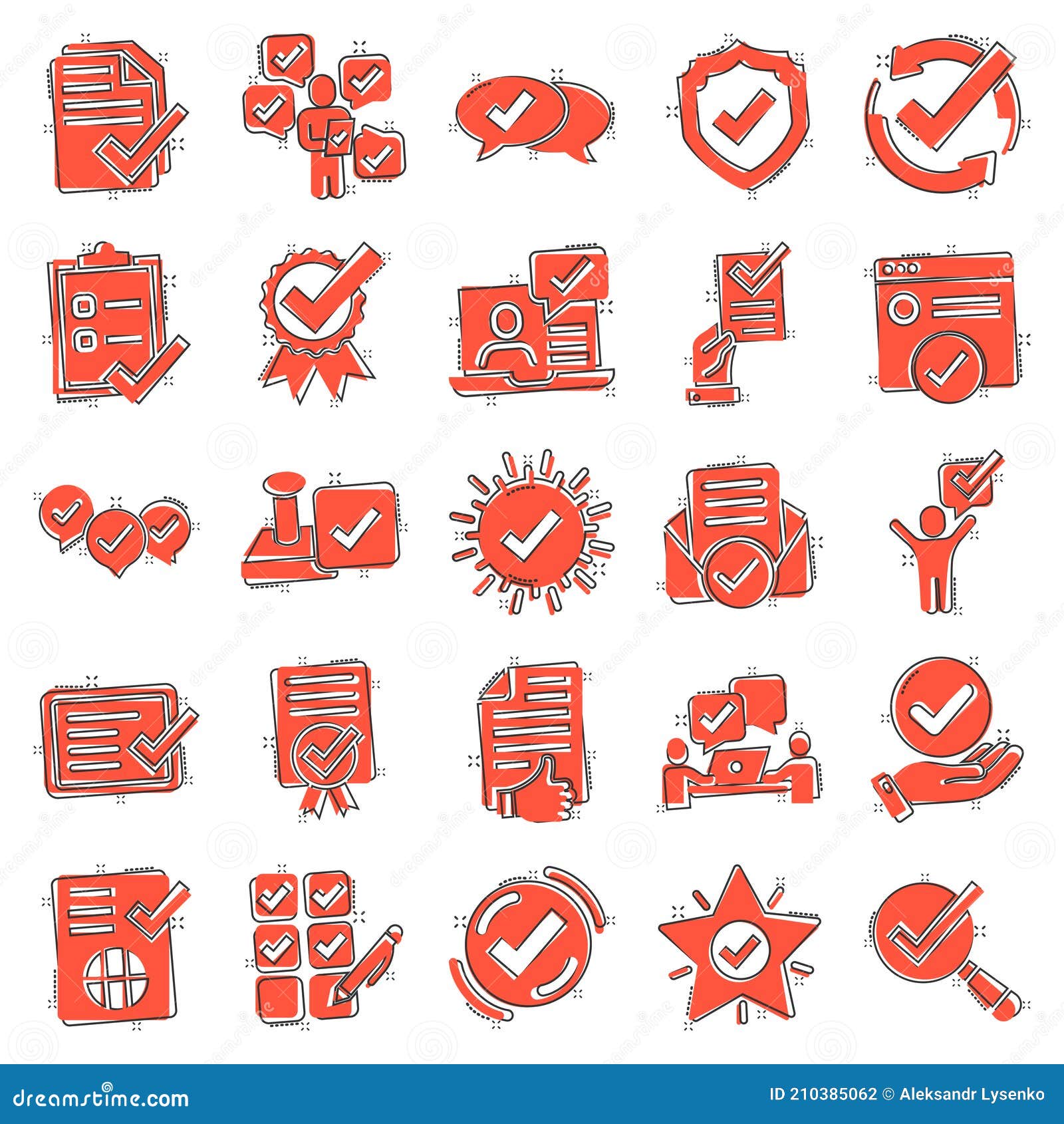 Approve Icon Set in Comic Style. Check Mark Cartoon Vector Illustration ...