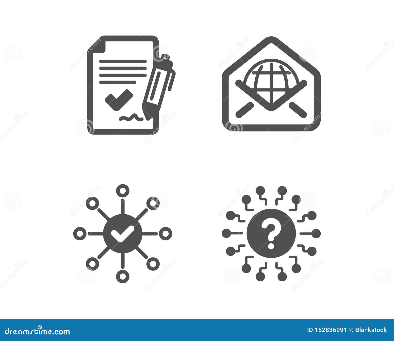 Approved Agreement, Survey Check and Web Mail Icons. Question Mark Sign ...