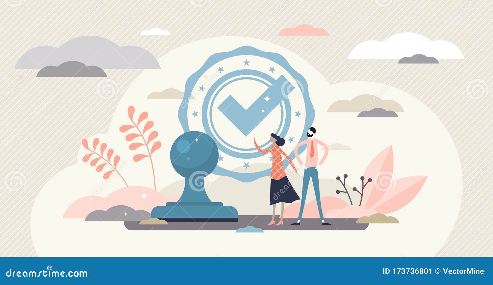 Approved Check Mark Stamp Concept, Flat Tiny Person Vector Illustration ...
