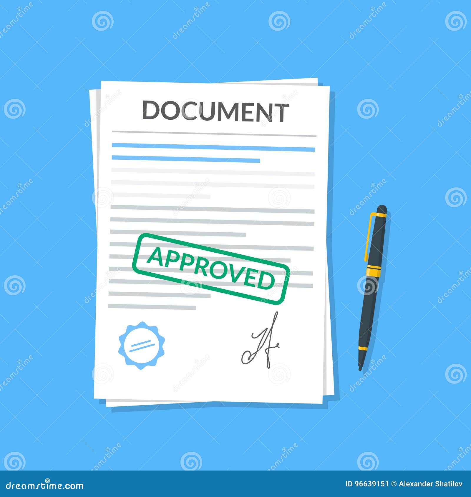 Approved Document with Stamp and Pen. Modern Flat Design Graphic ...