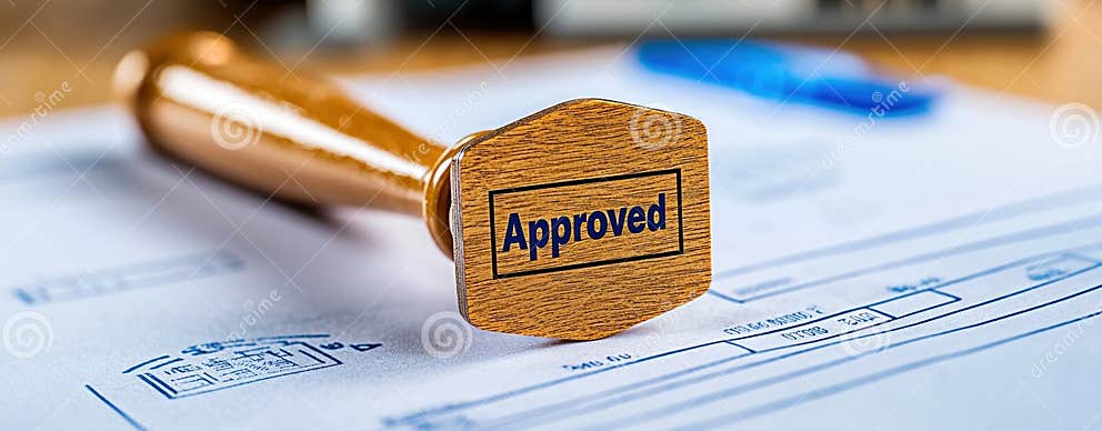 Approved Document with Wooden Stamp on Blueprint, Symbolizing ...