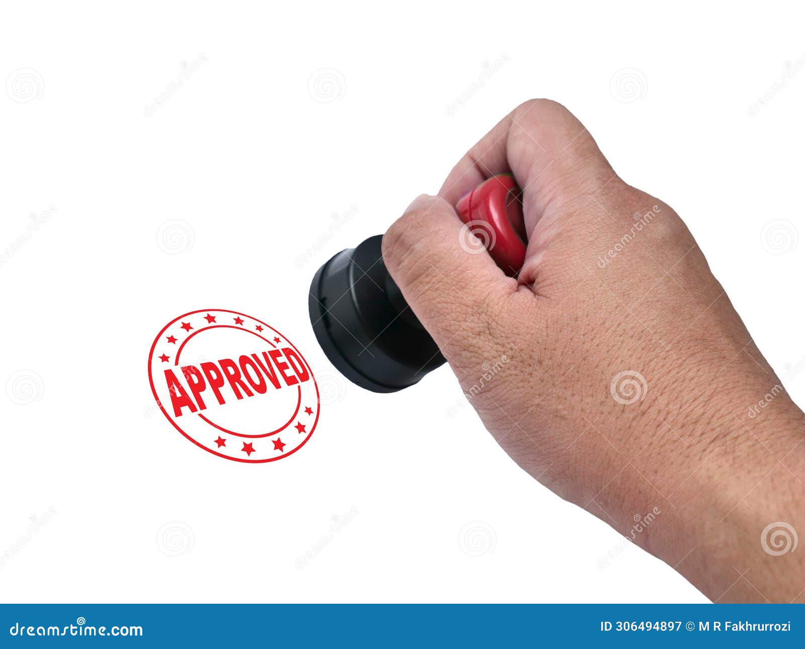 Approved, Hand Holding Red Handled Round Rubber Stamp, Top View ...