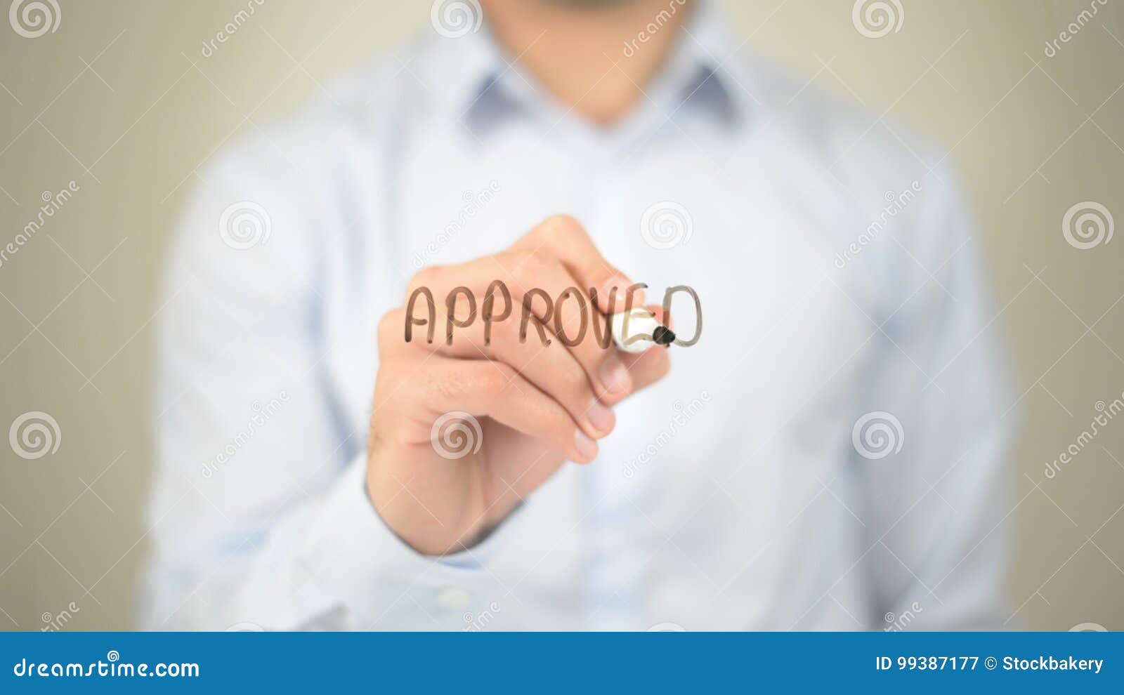 Approved, Man Writing on Transparent Screen Stock Image - Image of ...