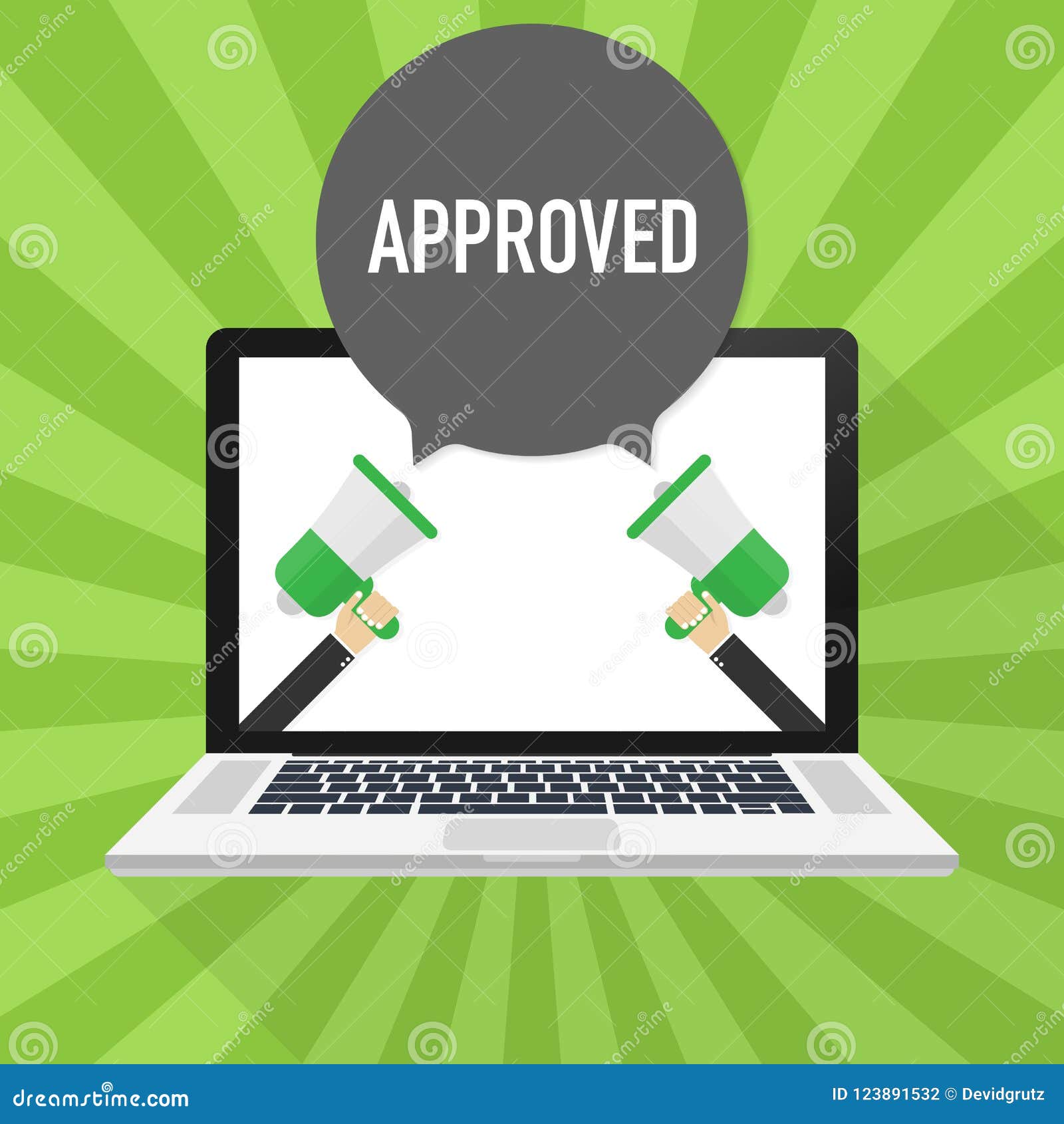 Approved Text on Computer. Badge with Megaphone Icon. Flat Vector ...