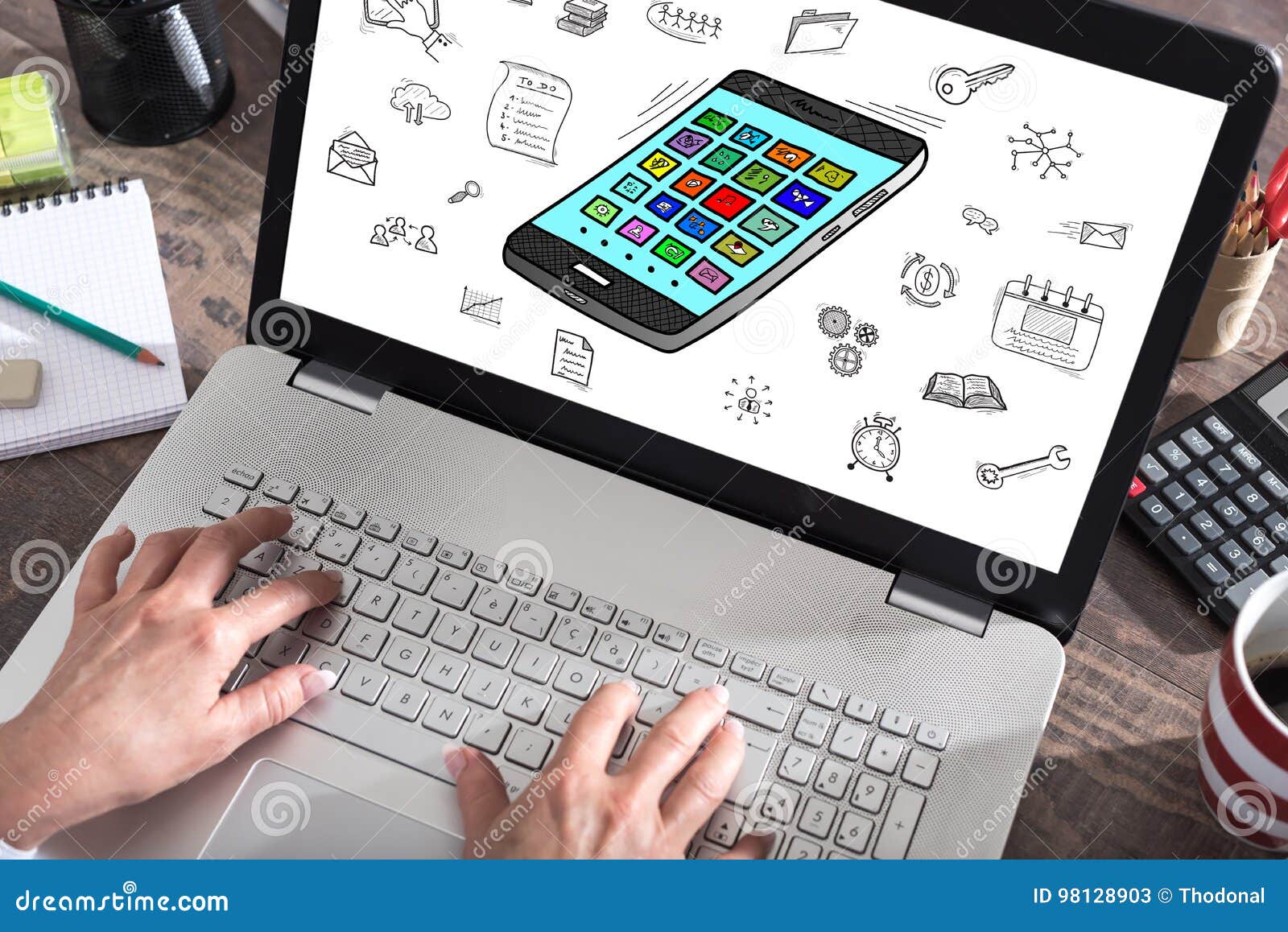 Apps Concept on a Laptop Screen Stock Image - Image of desk, phone ...