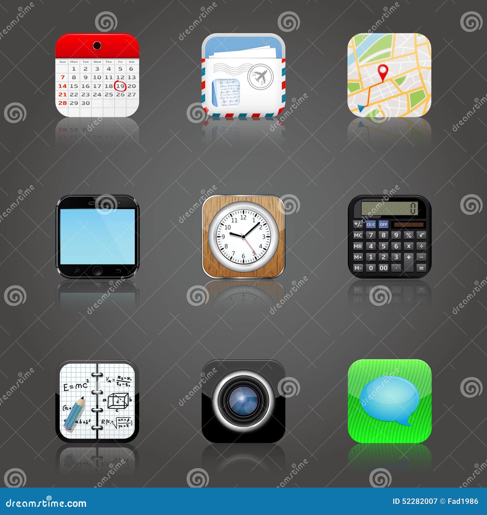 Apps Icons Set with Reflection Stock Vector - Illustration of envelope ...