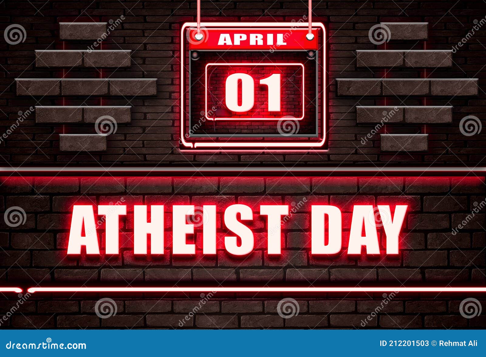 1 April Atheist Day Neon Text Effect On Bricks Background Stock