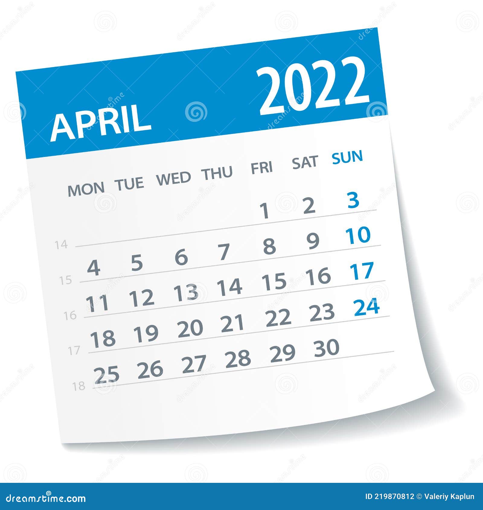 April 2022 Calendar Leaf. Week Starts on Monday. Vector Illustration ...