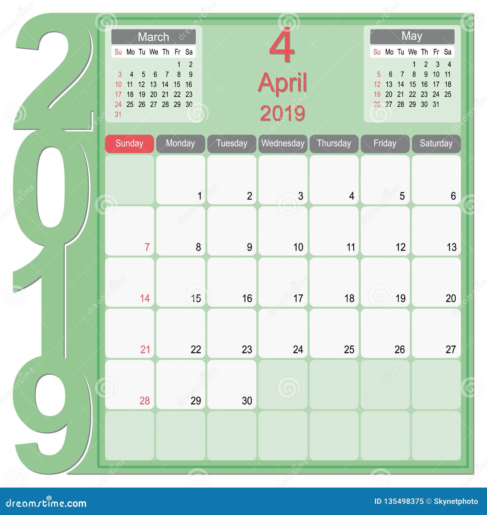 April 2019 Calendar Monthly Planner Design Stock Vector - Illustration ...