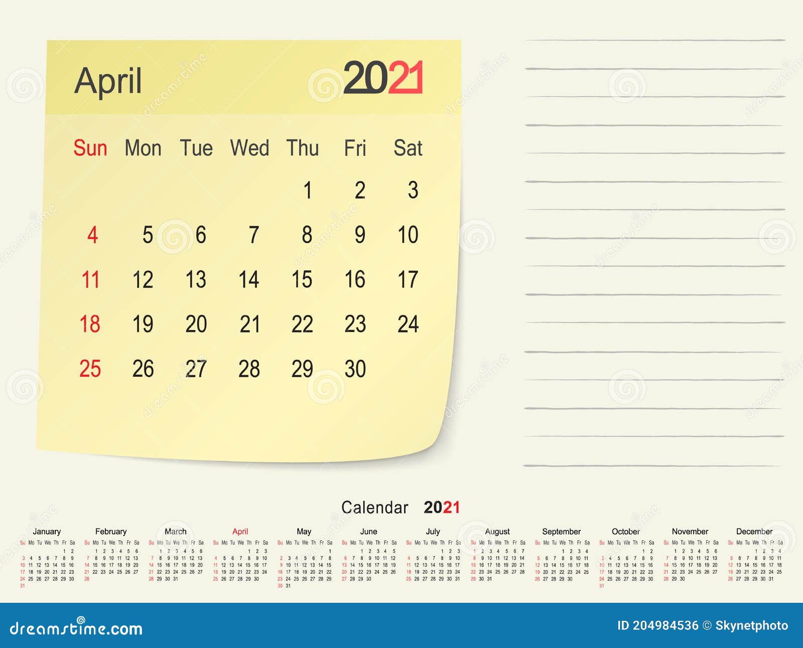 April 2021 Calendar Paper Note Design Stock Vector - Illustration of ...