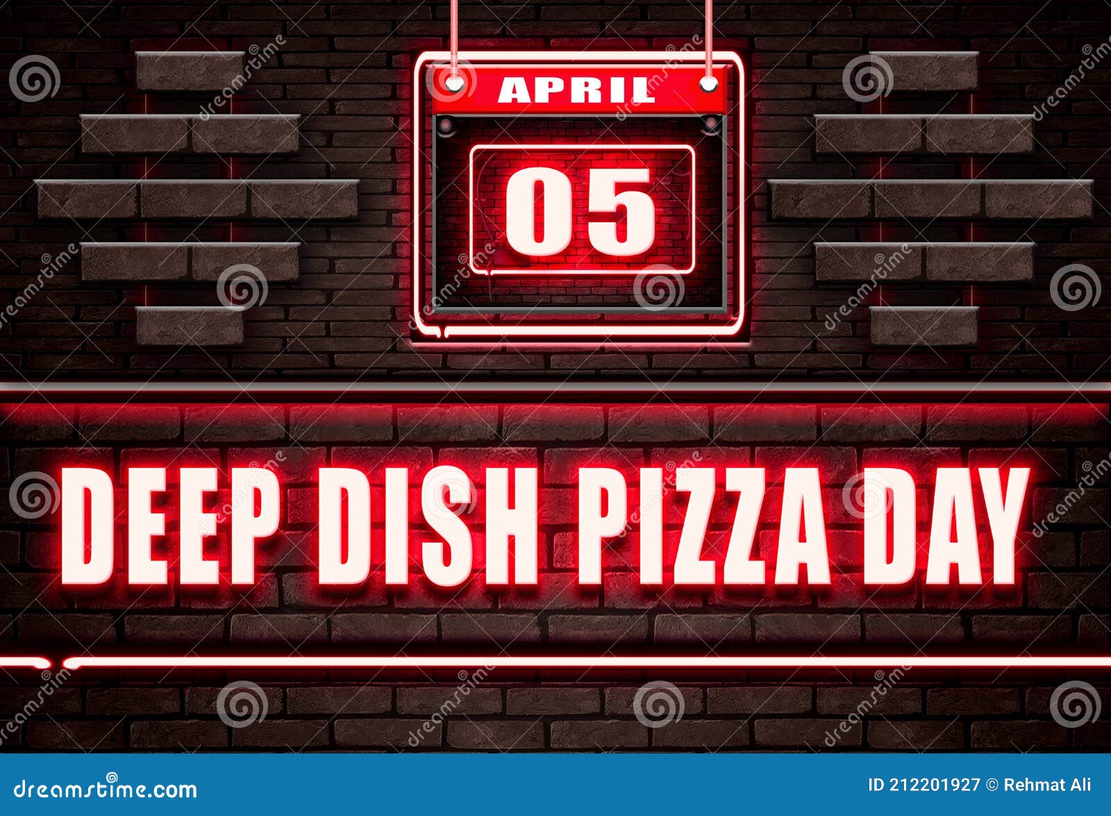 5 April Deep Dish Pizza Day Neon Text Effect On Bricks Background