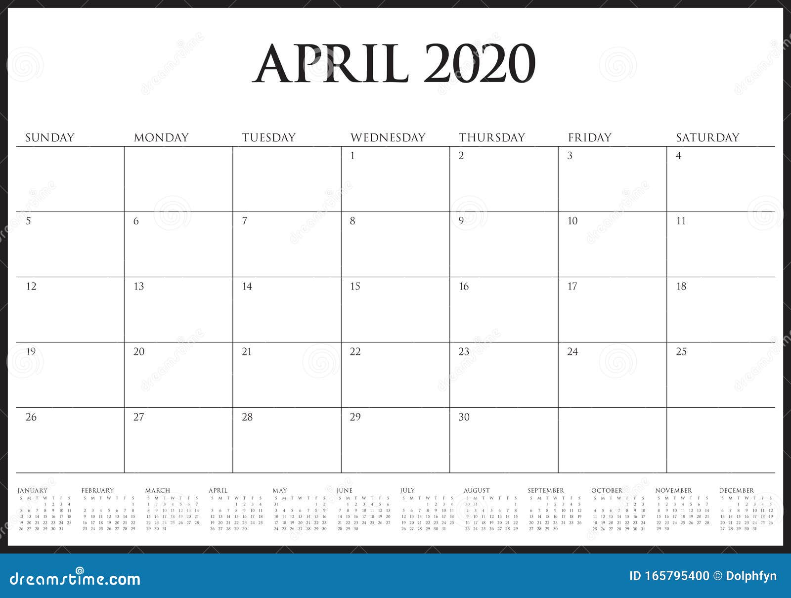 April 2020 Calendar. English Desk Or Wall Calender Template. Vector ...