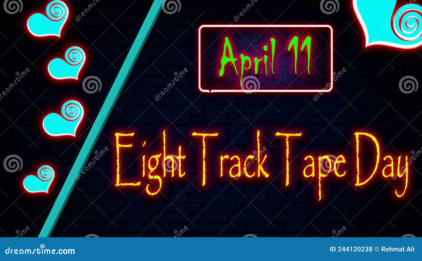 11 April Eight Track Tape Day Neon Text Effect On Bricks Background