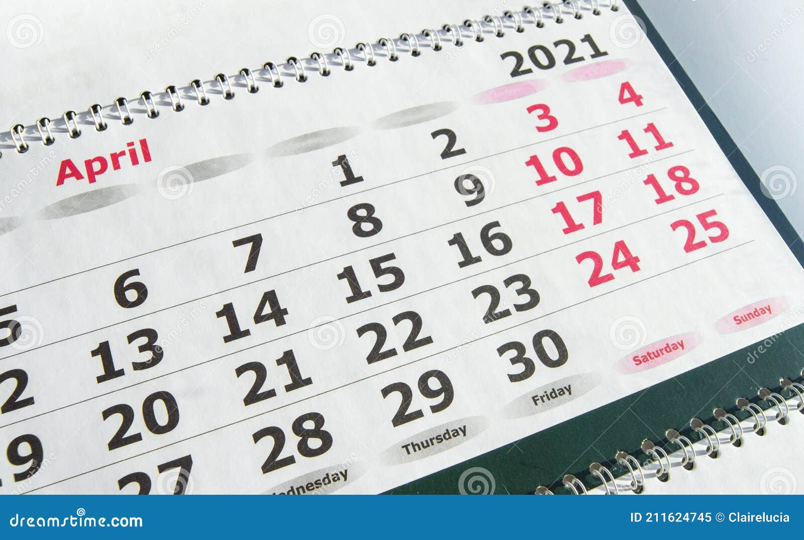 April 2021 Paper Calendar Planner with Spiral, Close-up Stock Image ...