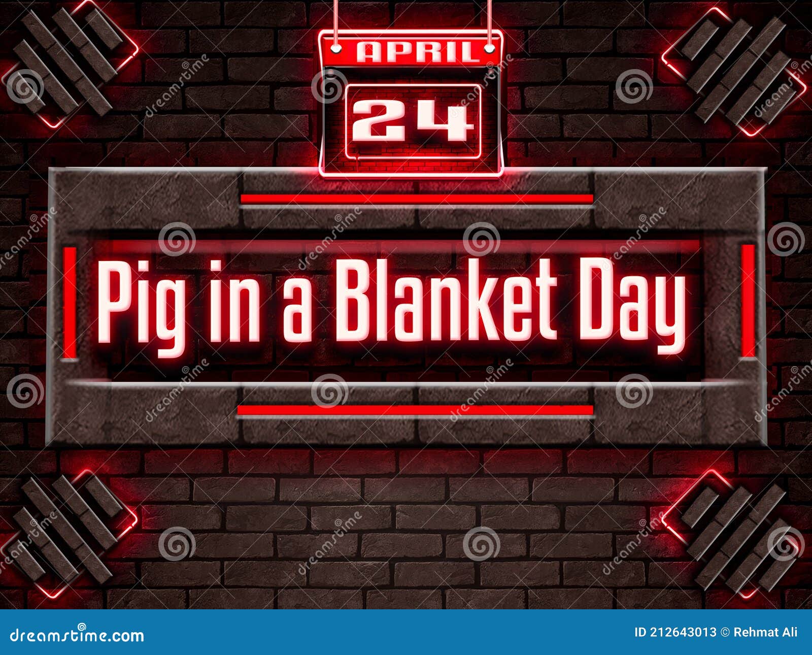 24 April, Pig in a Blanket Day, Neon Text Effect on Bricks Background ...
