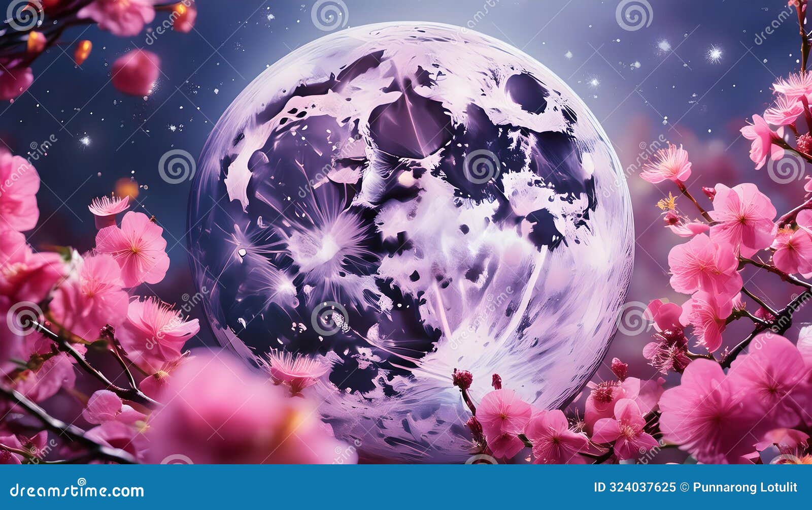 April Pink Moon, the Night after Full Moon Night Stock Illustration ...