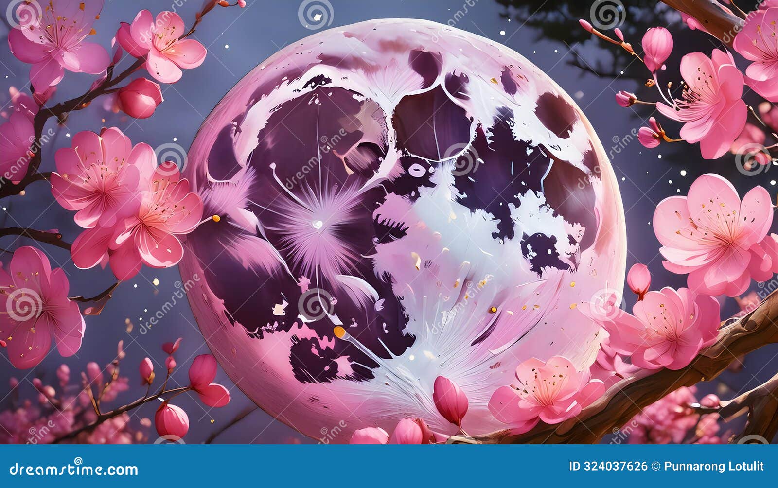 April Pink Moon, the Night after Full Moon Night Stock Illustration ...