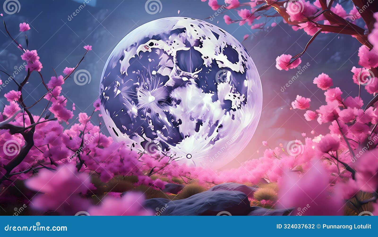 April Pink Moon, the Night after Full Moon Night Stock Illustration ...