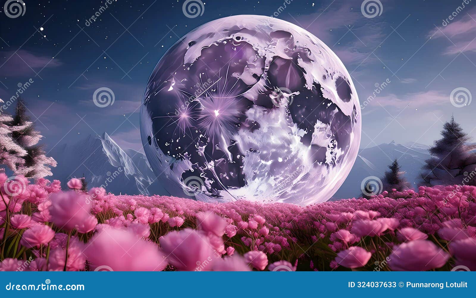 April Pink Moon, the Night after Full Moon Night. Stock Illustration ...
