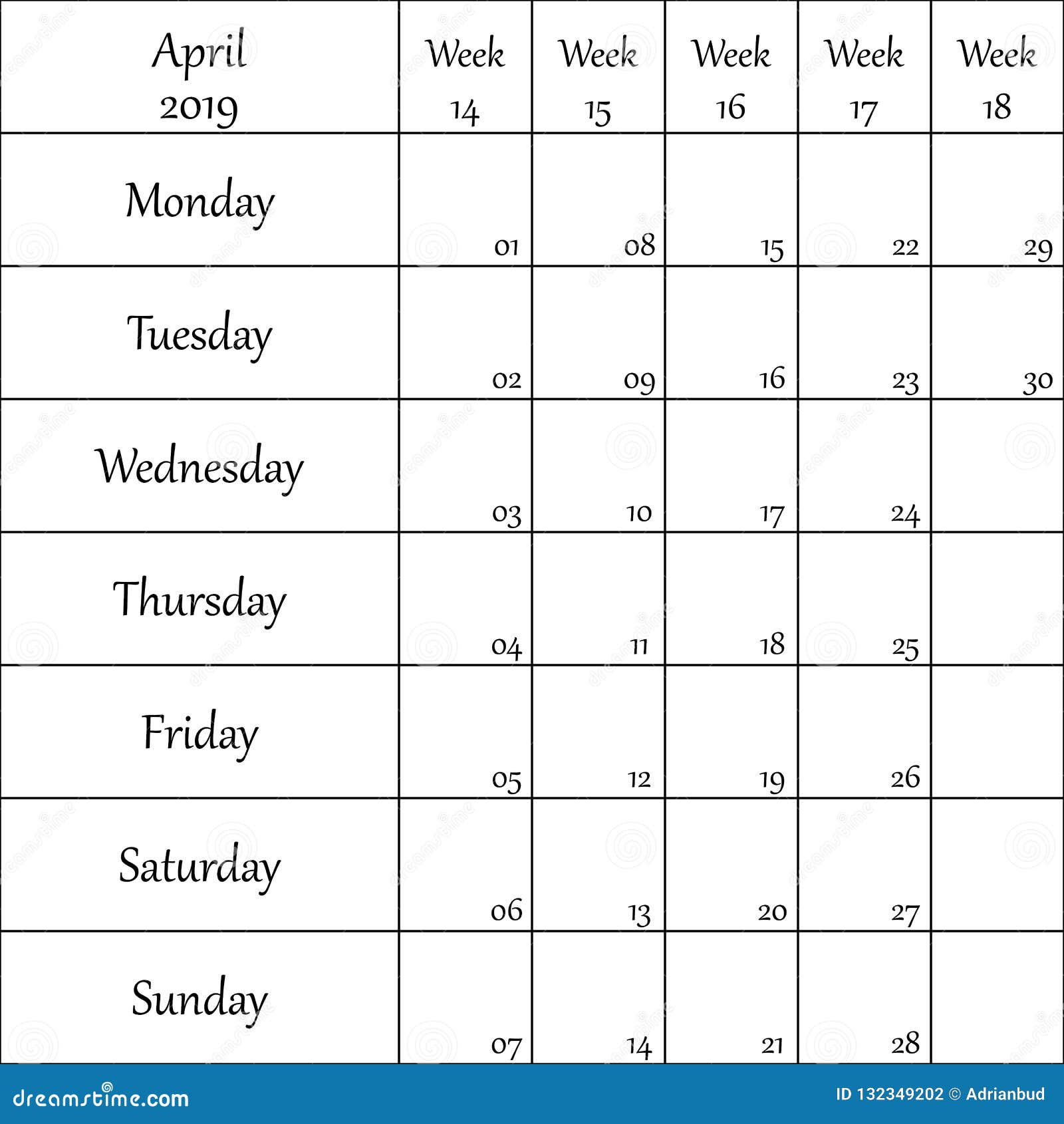 April 2019 Planner Month with Number for Each Weak Stock Vector ...
