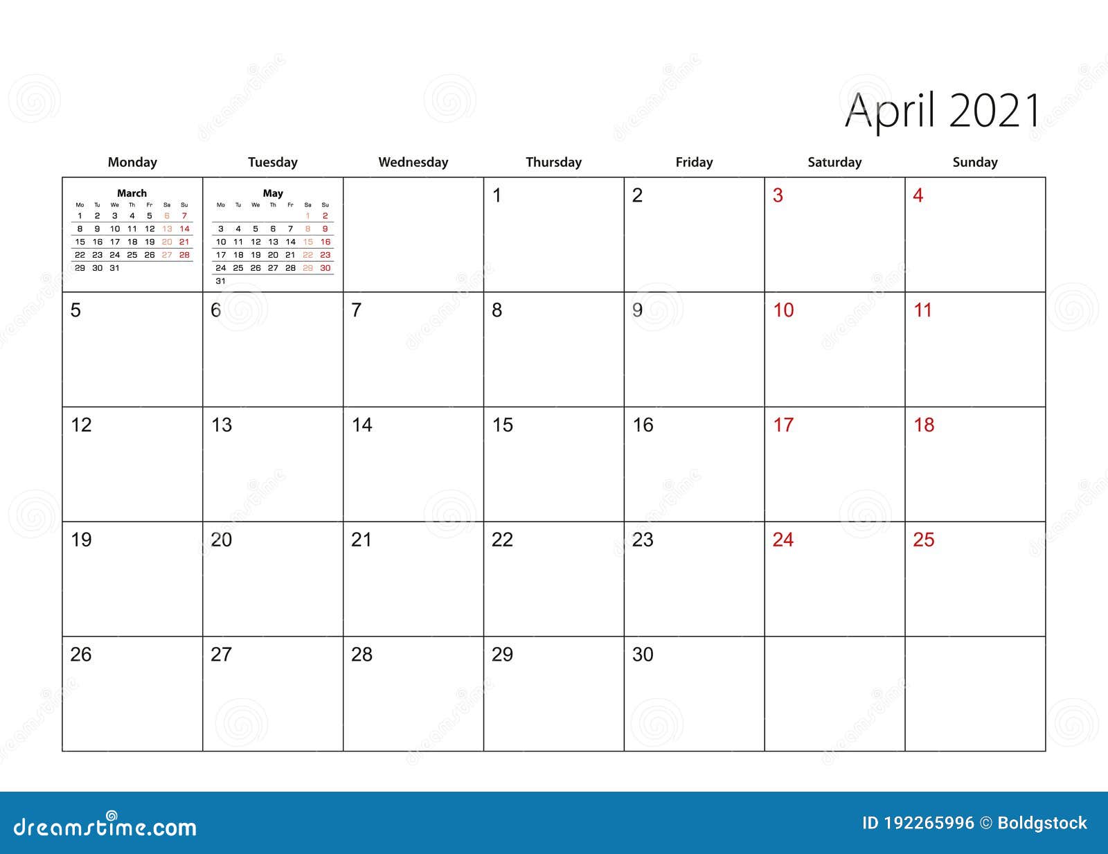 April 2021 Simple Calendar Planner, Week Starts from Monday Stock ...