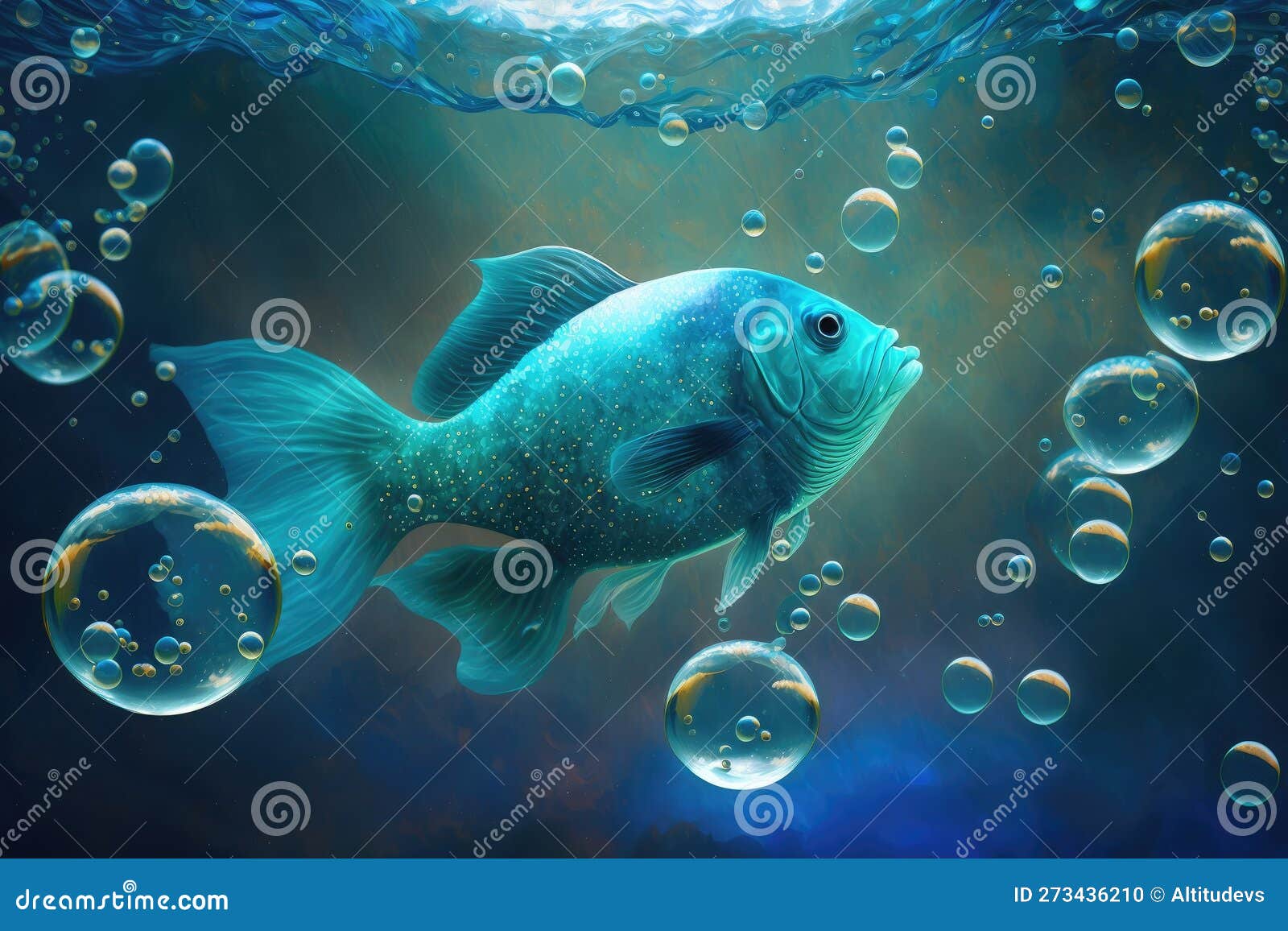 Aqua Blue Fish in Space with Bubbles Floating through Water Stock ...