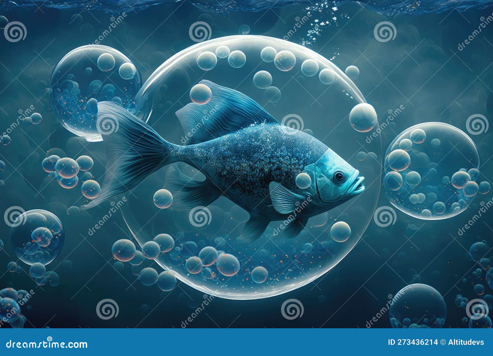 Aqua Blue Fish in Space with Bubbles Floating through Water Stock ...