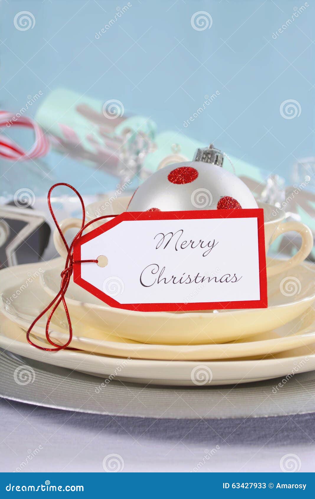 Aqua Red And White Christmas Table Setting Stock Image Image Of