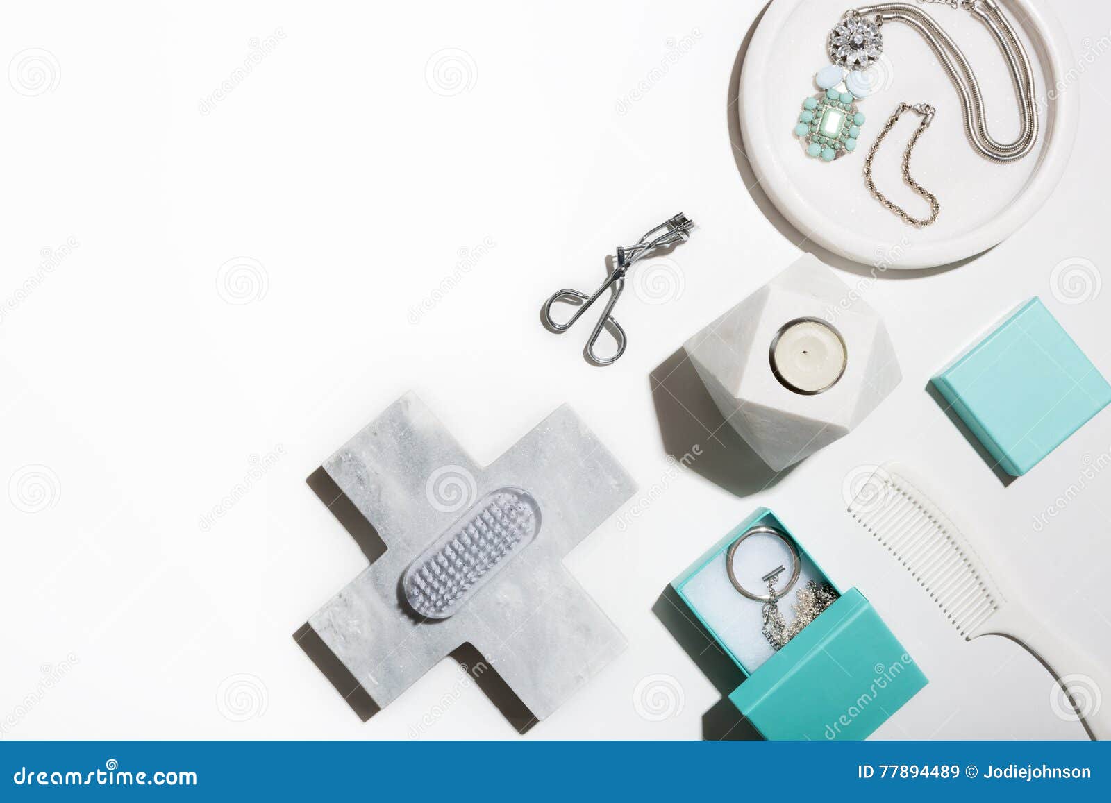 Aqua and White Collection of Feminine Objects in an Overhead Fla Stock ...