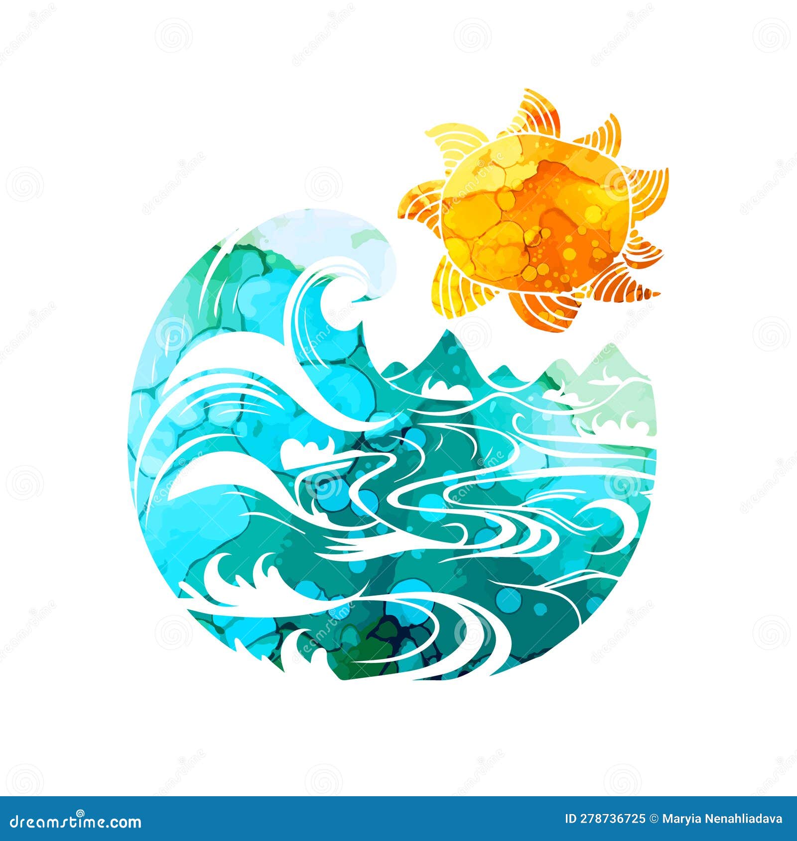 Aquarelle Logo Mer Et Objet Soleil. Illustration Vectorielle ...