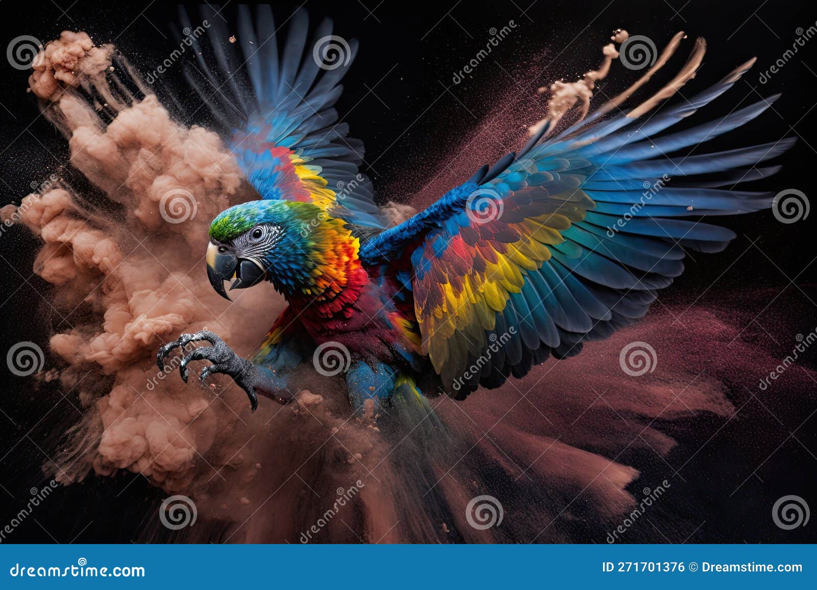 Ara Parrot in Flight Above a Cloud of Colored Powder Stock Illustration ...