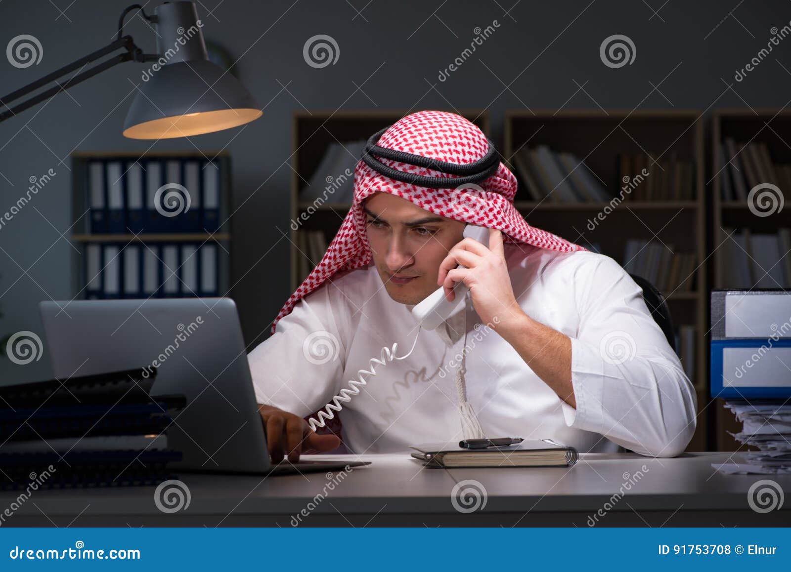 The Arab Businessman Working Late in Office Stock Photo - Image of male ...
