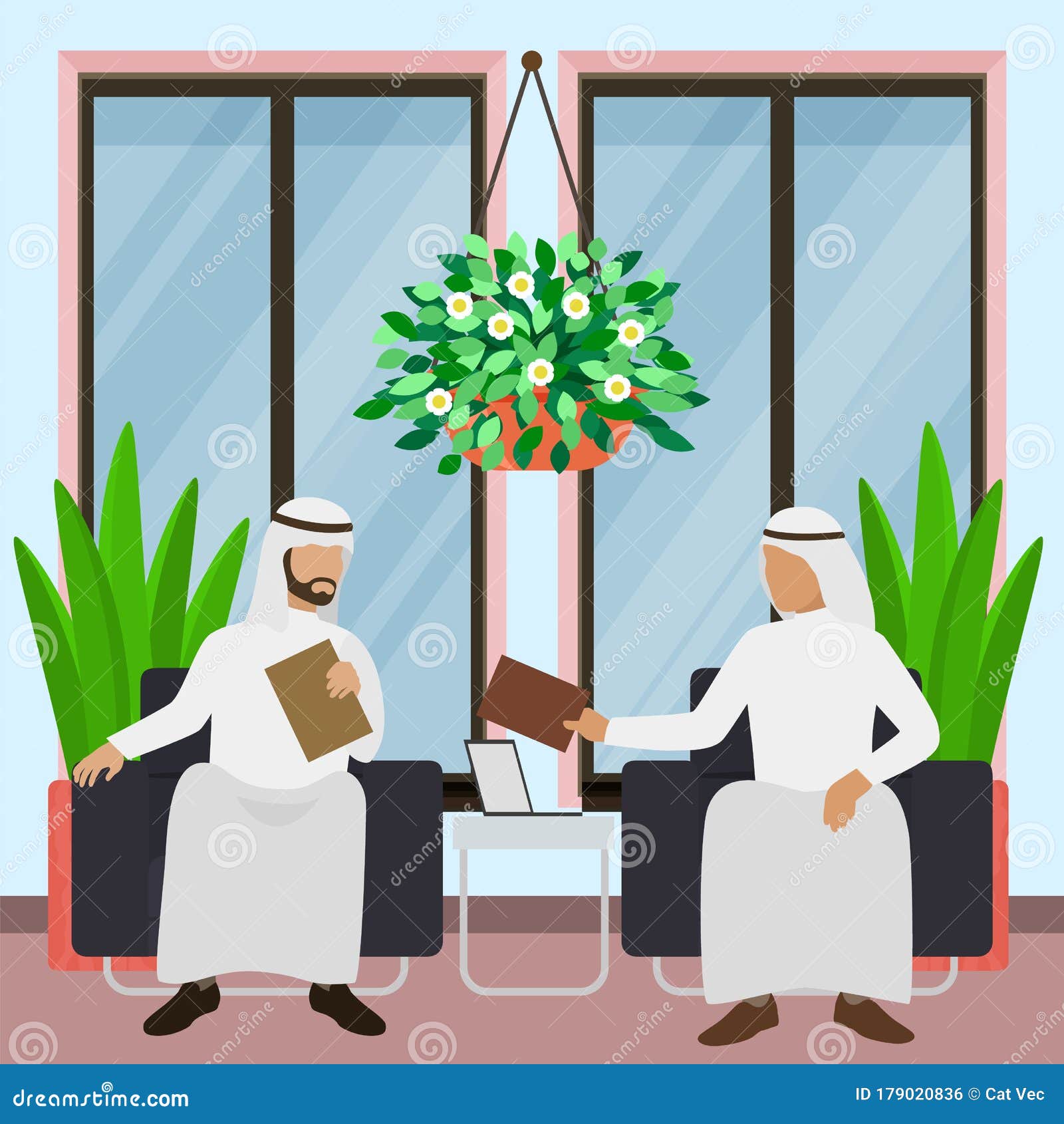 Arab Businessmen Sitting in Armchairs with Computer and Documents Flat ...