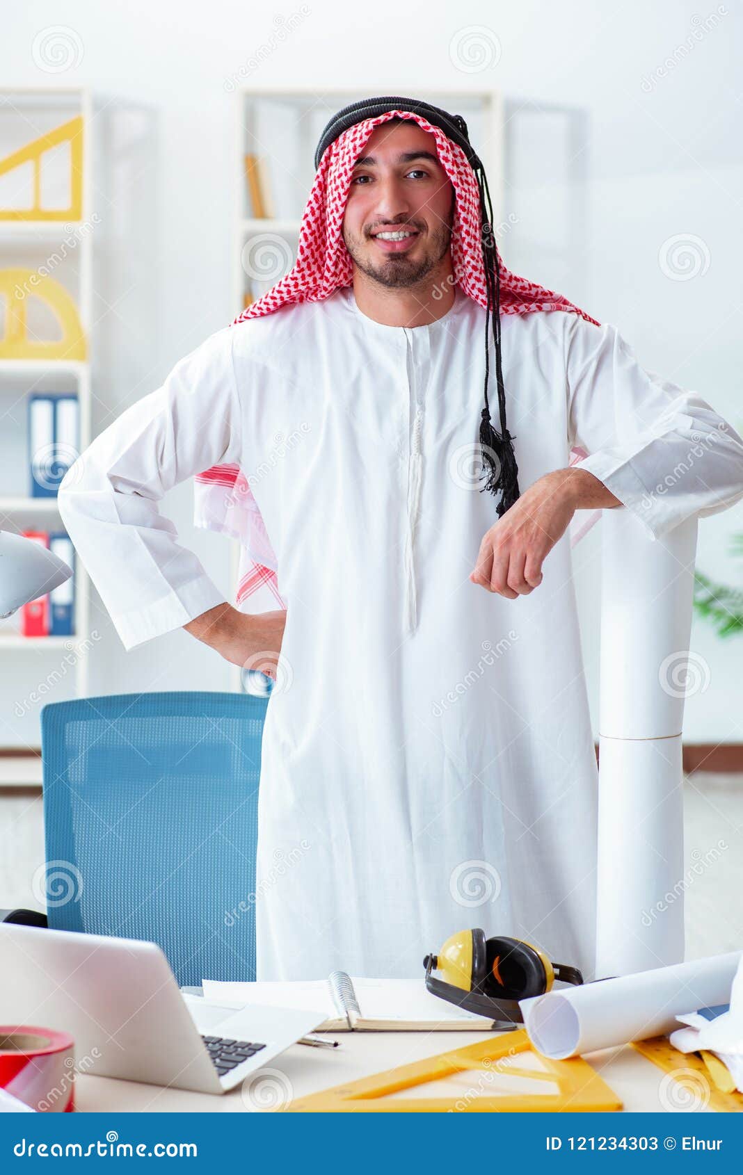 The Arab Engineer Working on New Project Stock Image - Image of draft ...