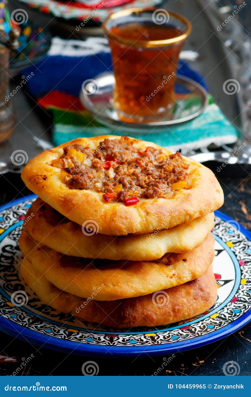 Arab Flat Bread, with Cheese, Meat and Vegetables. Stock Image - Image ...