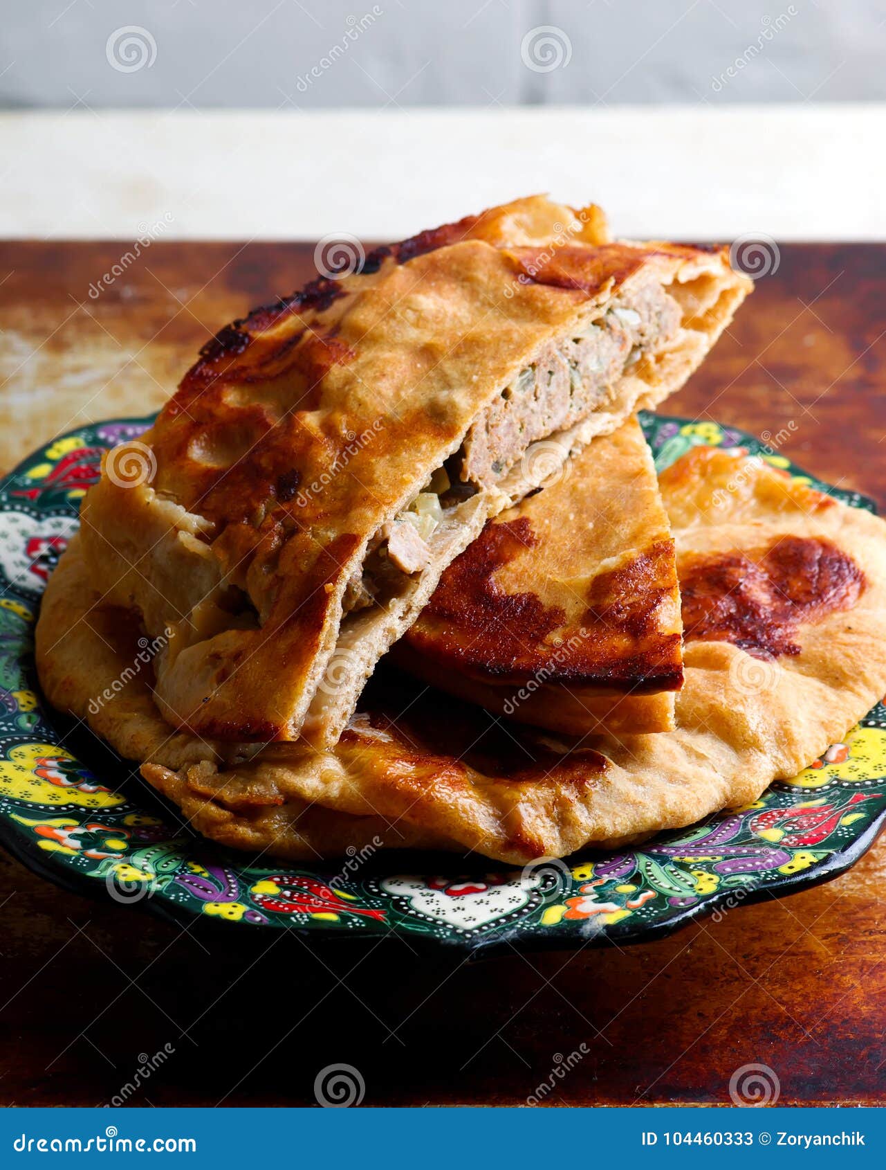 Arab Flat Bread, with Cheese, Meat and Vegetables. Stock Image - Image ...