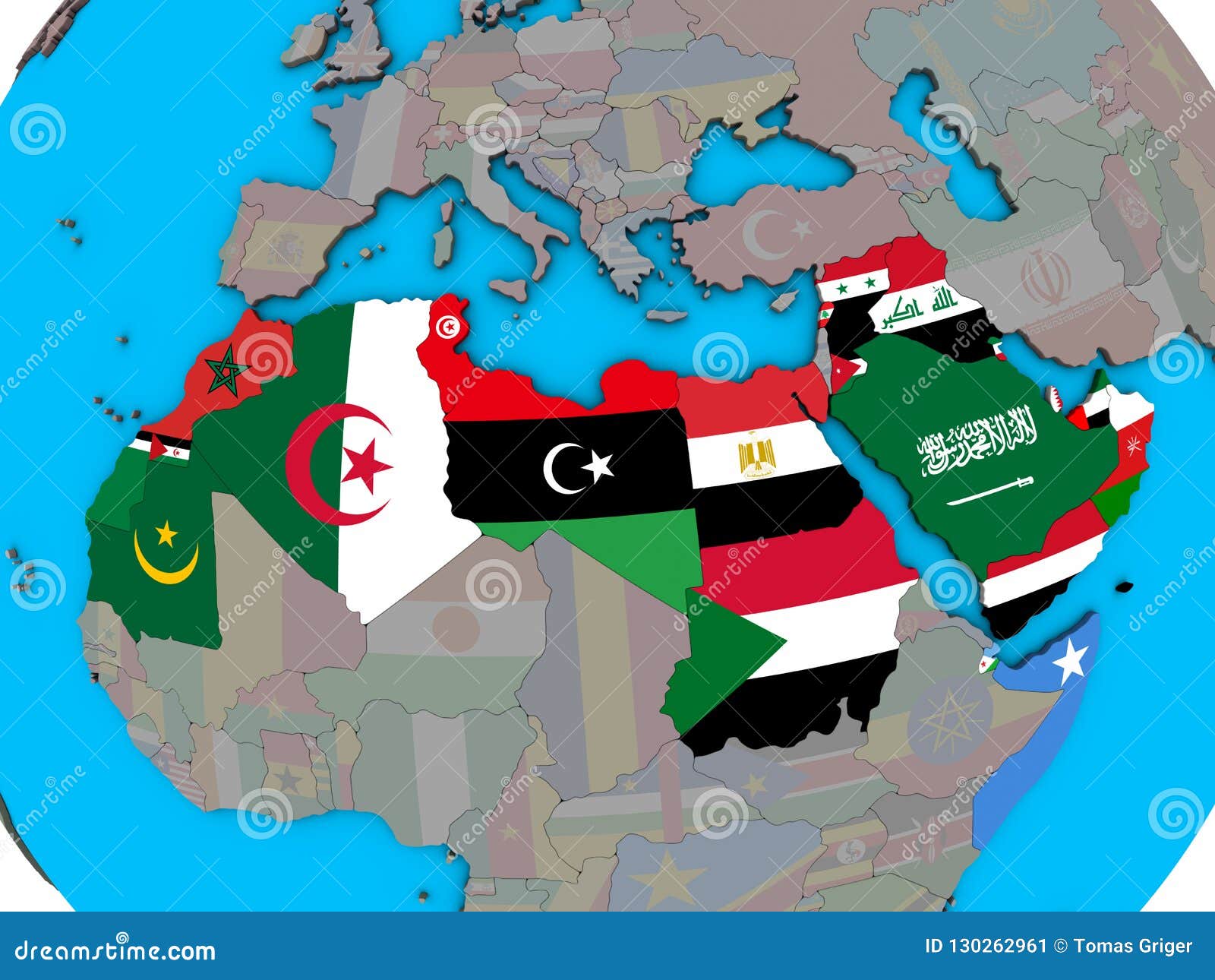 Arab League with Flags on 3D Map Stock Illustration - Illustration of ...