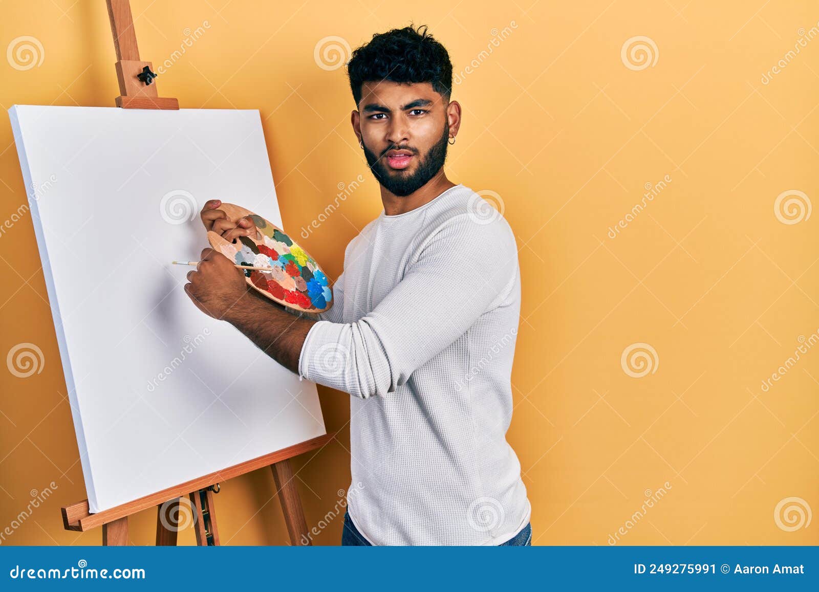 Arab Man with Beard Standing Drawing with Palette by Painter Easel ...