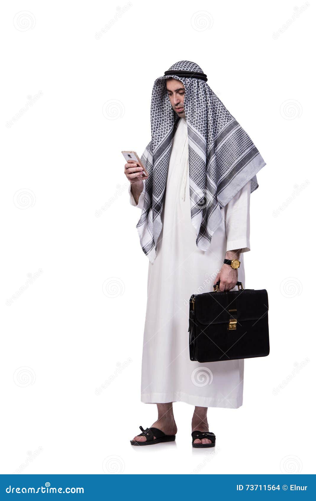 The Arab Man with His Mobile Phone Isolated on White Stock Photo ...