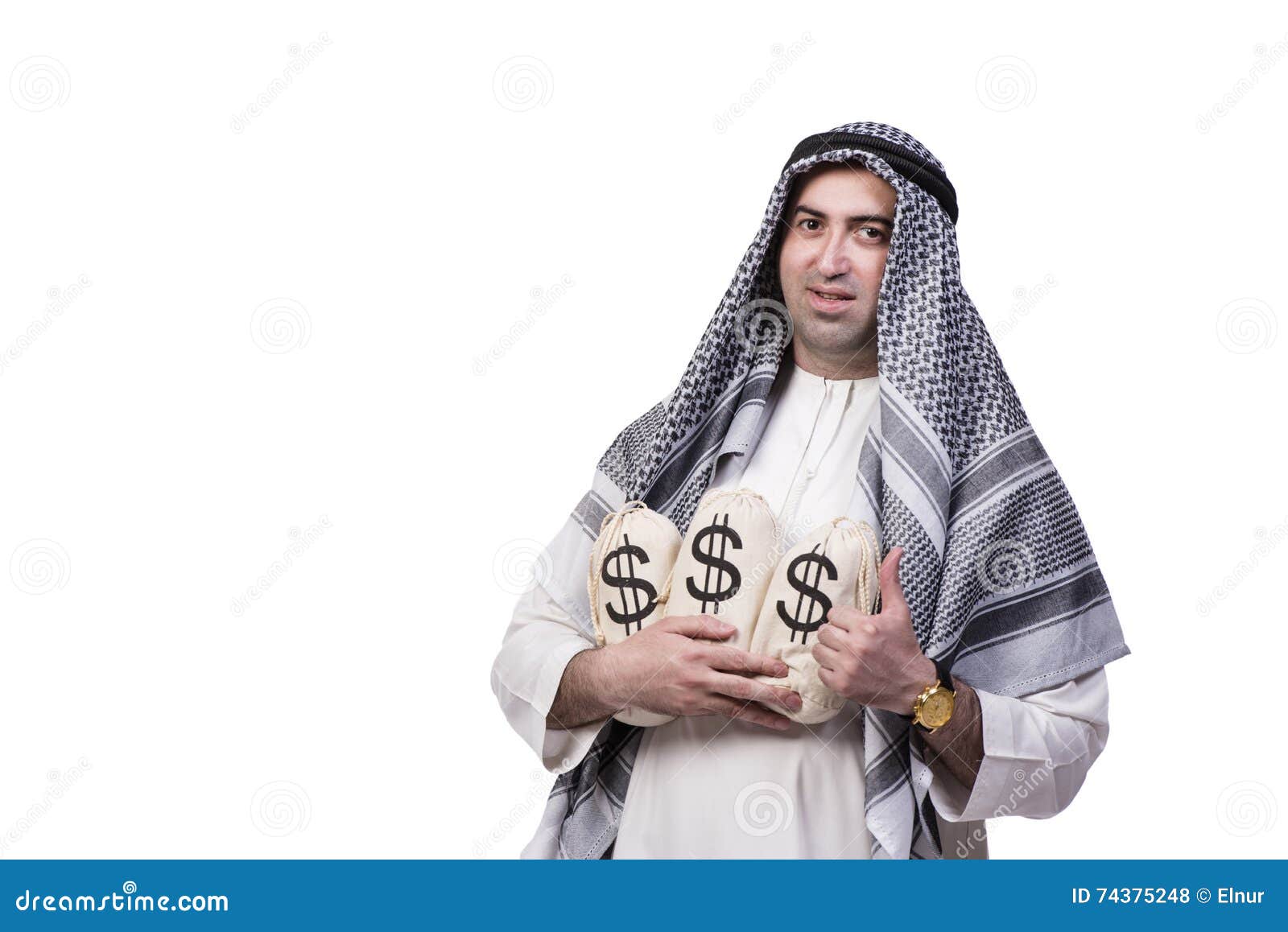 The Arab Man with Money Sacks Isolated on White Stock Photo - Image of ...