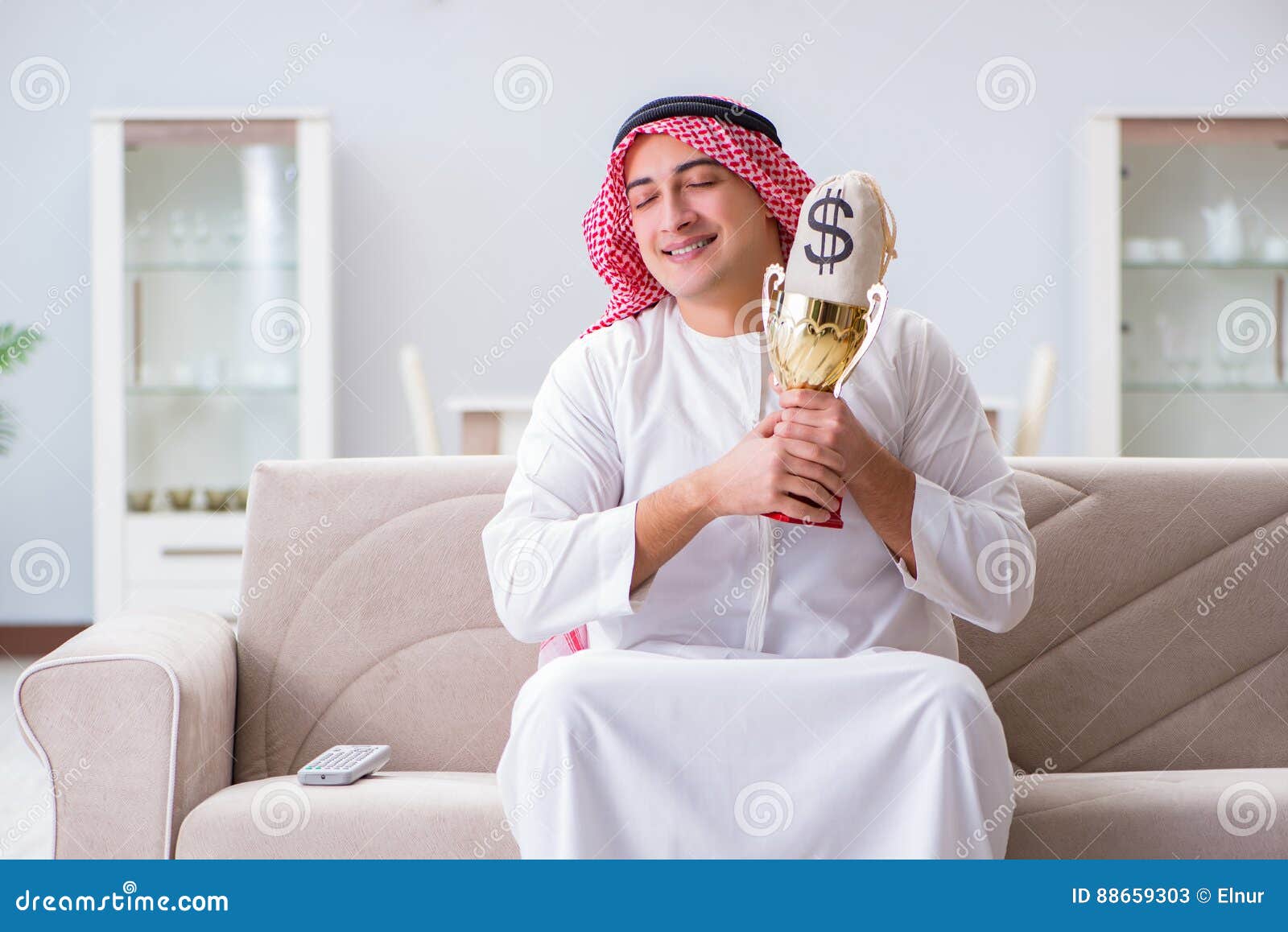 The Arab Man with Prize and Money on Sofa Stock Image - Image of ...