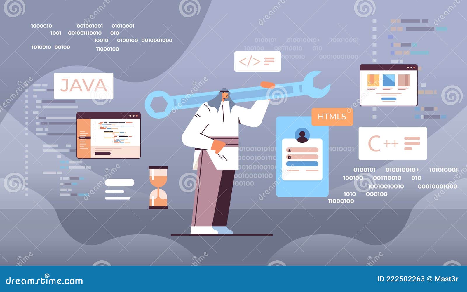 Man Programmer Holding Wrench Developer Optimizes Software Engineering