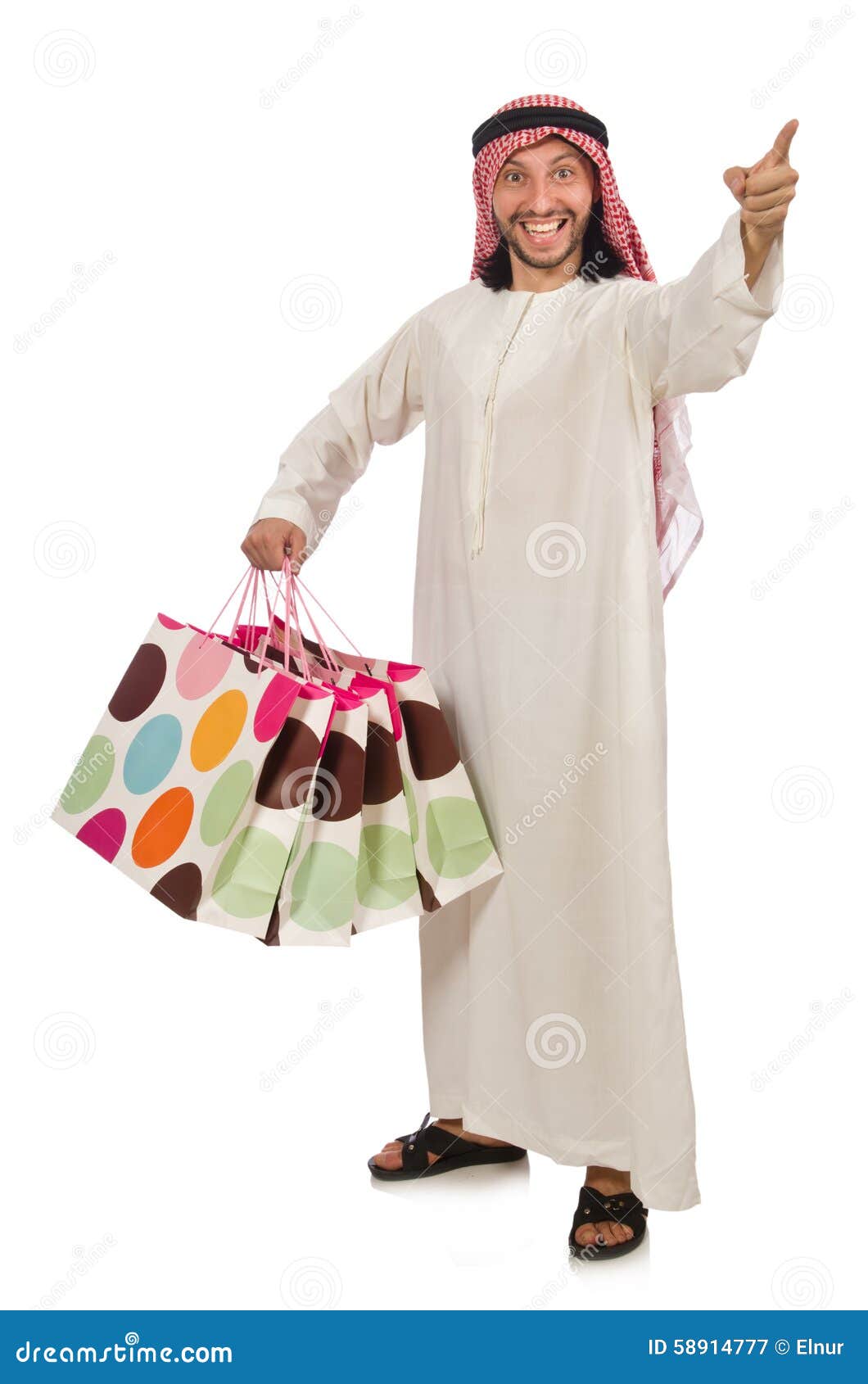 Arab Man with Shopping Bags on White Stock Image - Image of pointing ...