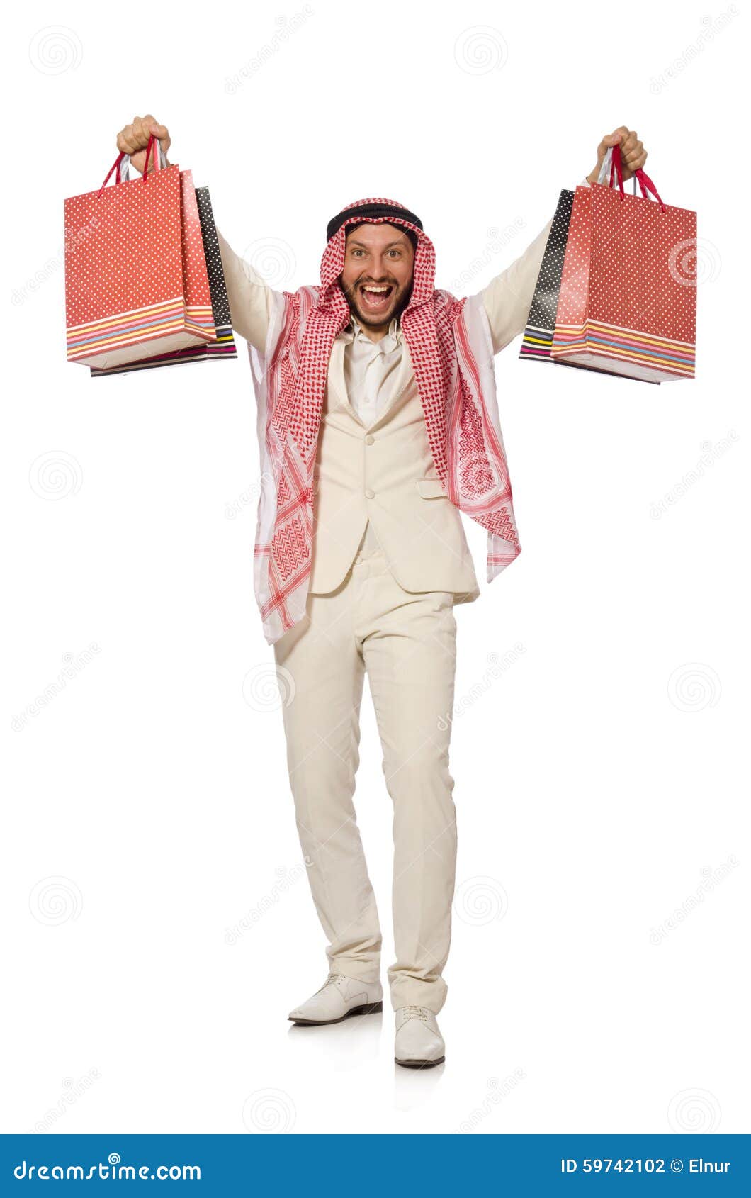 Arab Man with Shopping Bags on White Stock Photo - Image of qameez ...