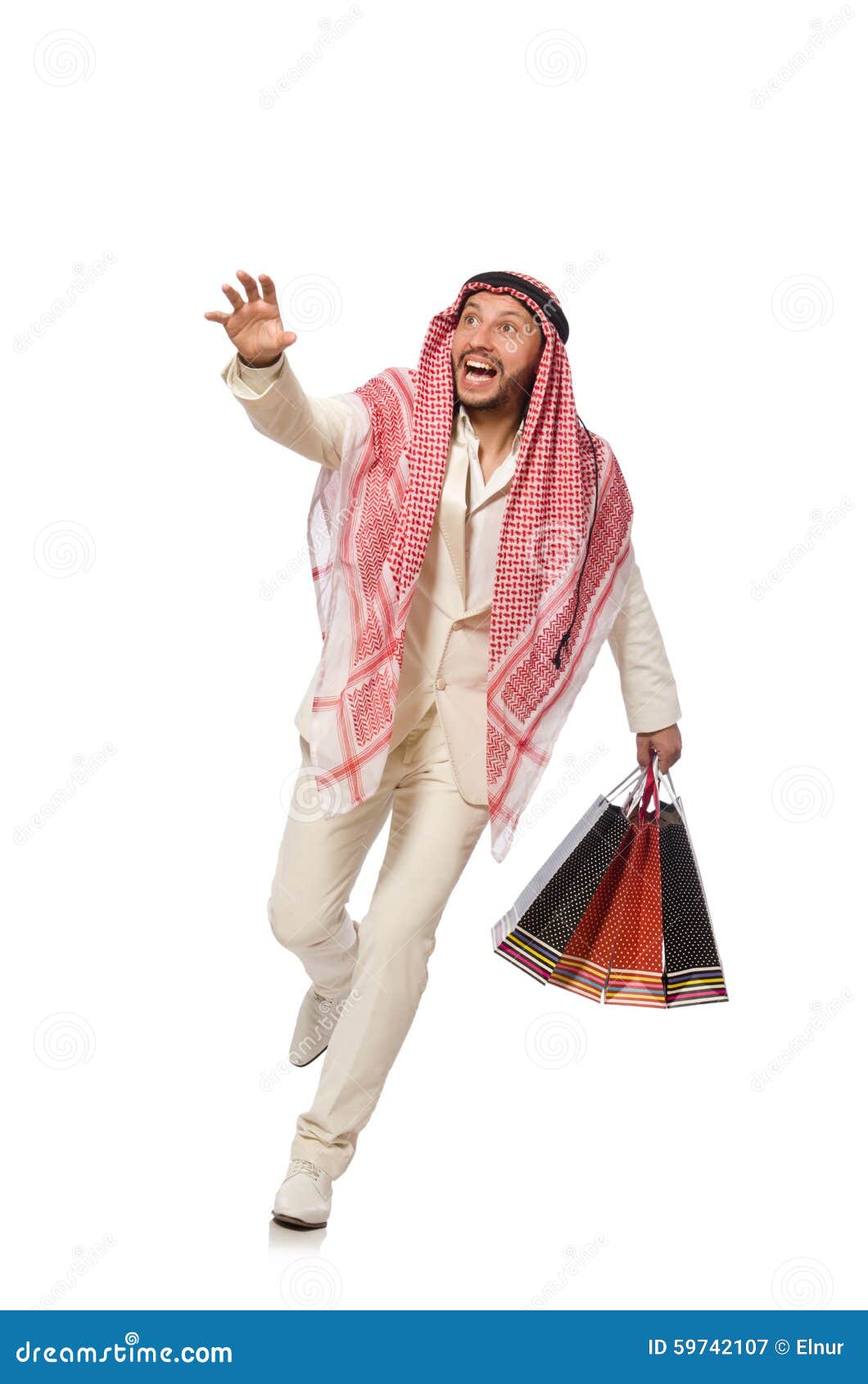 Arab Man with Shopping Bags on White Stock Image - Image of packaging ...