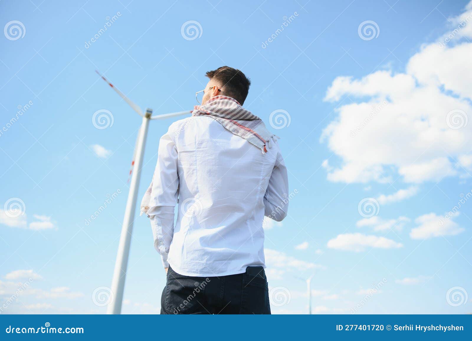 Arab Man Standing with Wind Turbine on Mountain Stock Photo - Image of ...