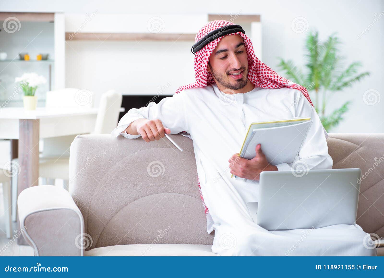 The Arab Man Working at Home on His Work Stock Image - Image of muslim ...