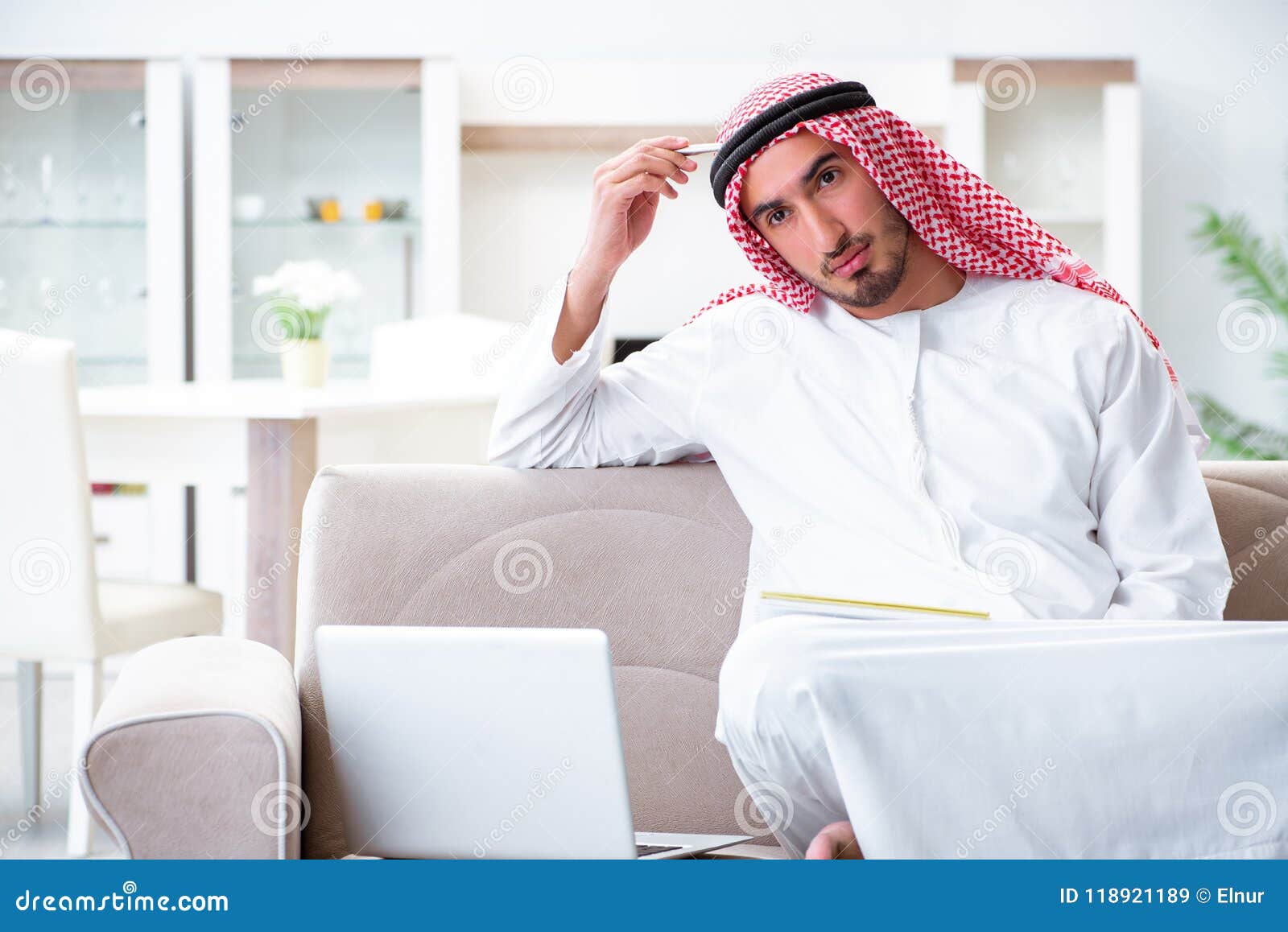The Arab Man Working at Home on His Work Stock Image - Image of ...