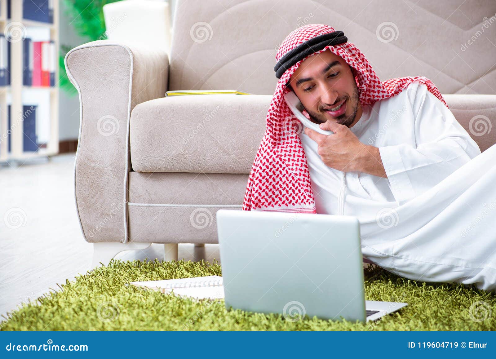 The Arab Man Working at Home on His Work Stock Image - Image of ...