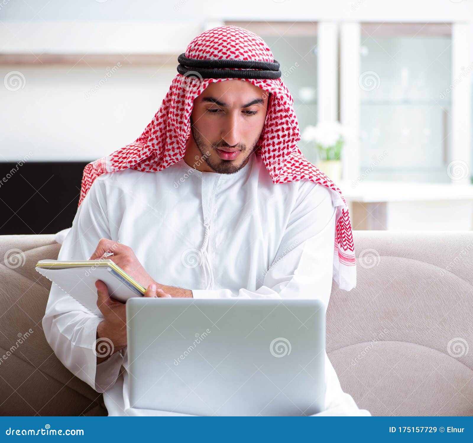 Arab Man Working at Home on His Work Stock Image - Image of muslim ...